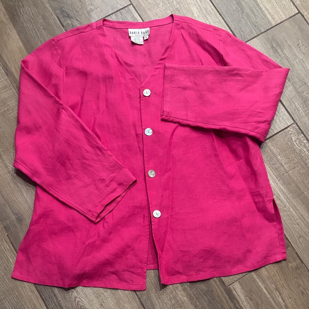 Vintage 100%Linen David Dart Bright Pink Button-Up Bl… - Gem